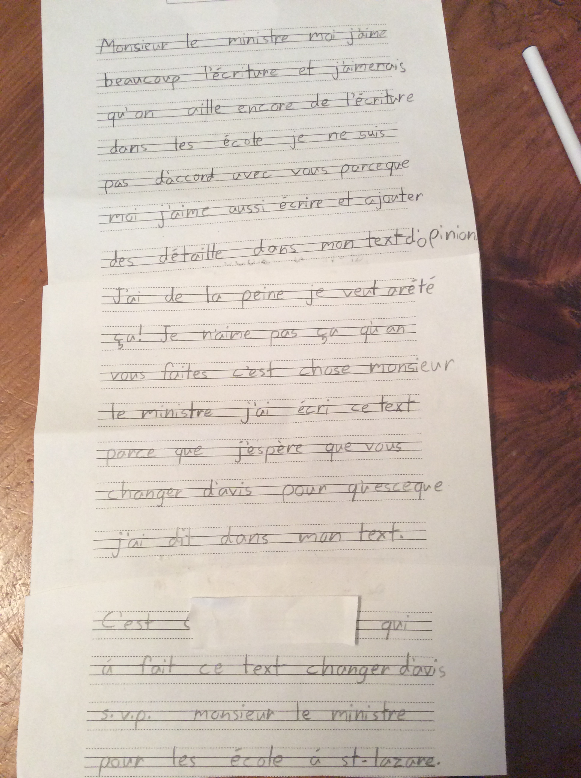 Lettre au ministre – Les ateliers d'écriture et de lecture au primaire